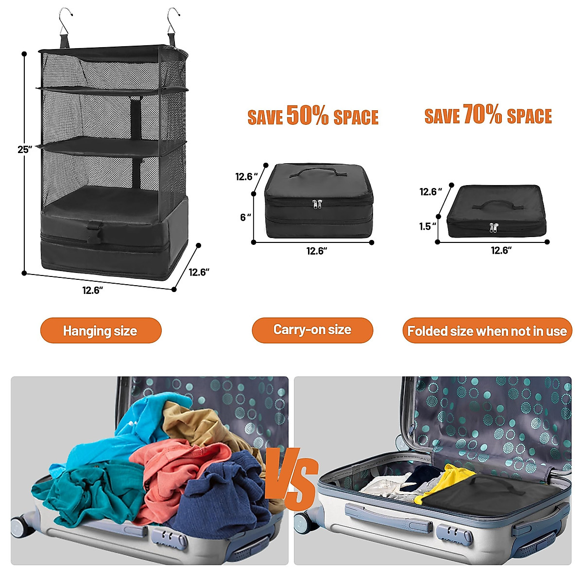 Caroeas Portable Hanging Travel Shelves Bag Suitcase Organizer Carry-on Closet Packing Cubes for Travel, 3-Shelf Suitcase Closet with 2 Hooks, Large Capacity, Black