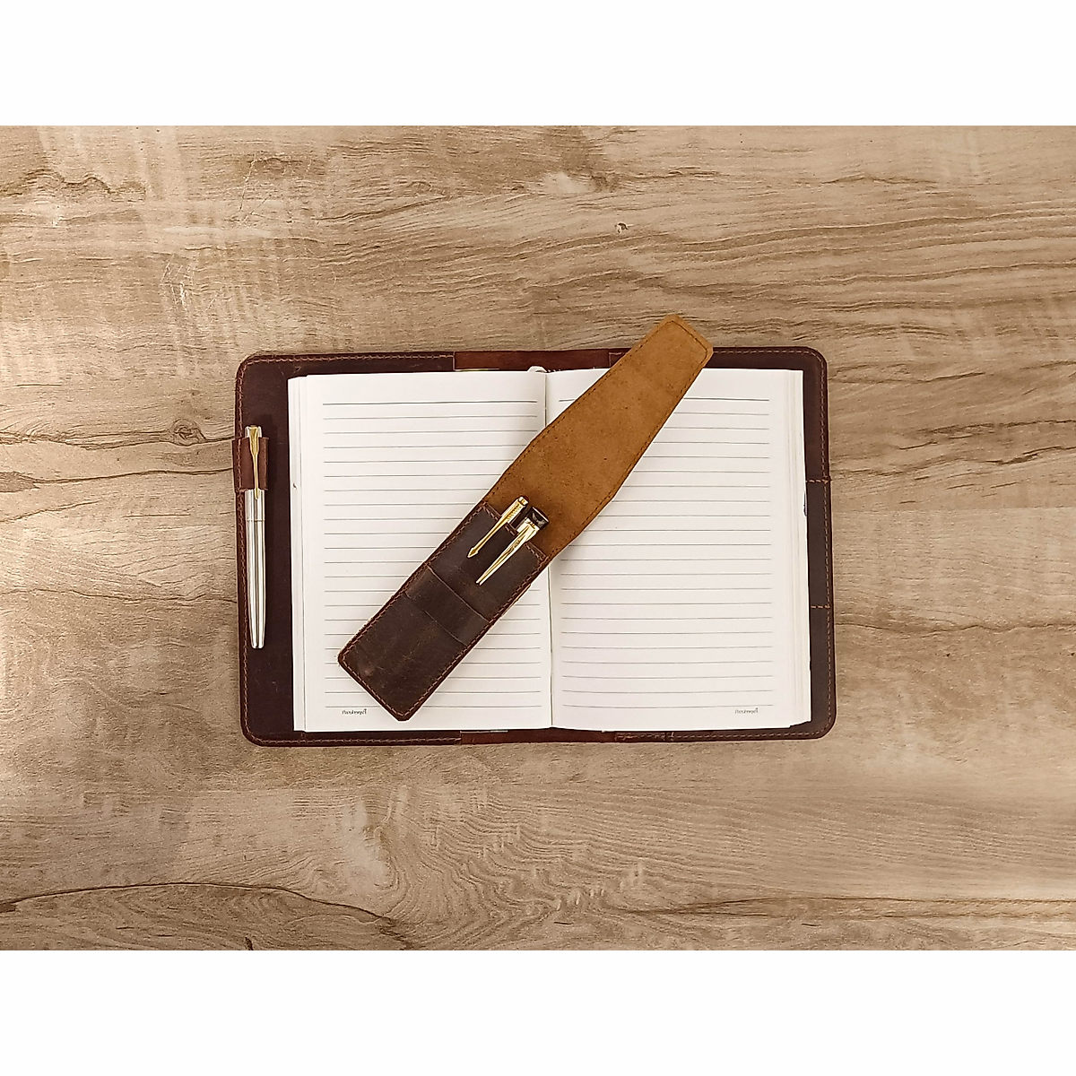 The Antiq Leather Pen Holder, Genuine 2 Pen Case with Tuck-in Flap, Brown Leather Case for Fountain, Ballpoint & Rollerball Pens, Travel Organizer, Luxury Executive Pen Storage Sleeve (2 Pen, Brown)