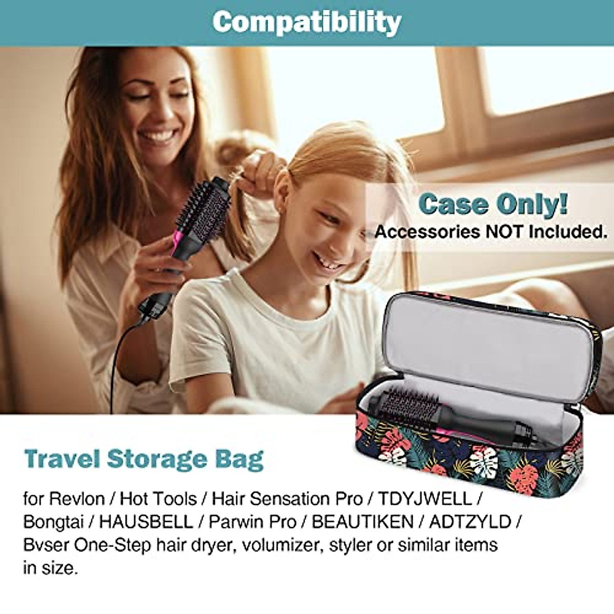 SITHON Double-Layer Travel Carrying Case for Revlon One-Step Hair Dryer/Volumizer/Styler, Water Resistant Storage Organizer Bag Compatible with Shark FlexStyle Attachment (Bag Only) (Leaves)