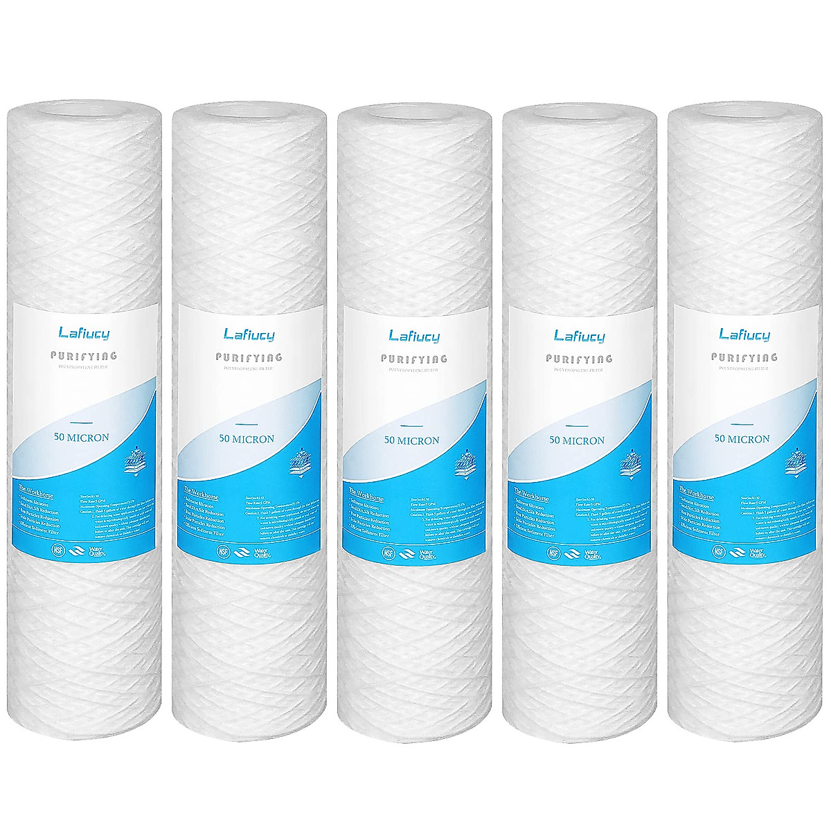 Lafiucy 50 Micron 10" x 2.5" String Wound Sediment Water Filter Cartridge,5 Pack,Whole House Sediment Filtration, Universal Replacement for Most 10 inch RO Unit