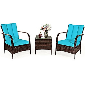 WYKDD 3 PCS Patio Rattan Furniture Set Coffee Table & 2 Rattan Chair with Cushions Comfortable and Breathable (Color : E)