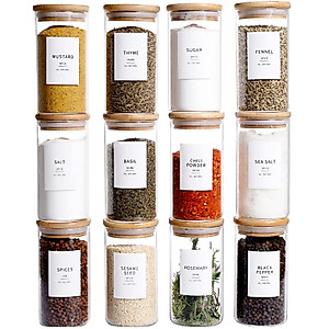 12 Pcs Glass Spice Jars With Bamboo Airtight Lids - 8oz Thicken(2.4mm) Spice Containers With 148 Minimalist Preprinted Waterproof Spice Labels - Kitchen Empty Small Storage Jars For Seasoning, Herb Storage and Organization