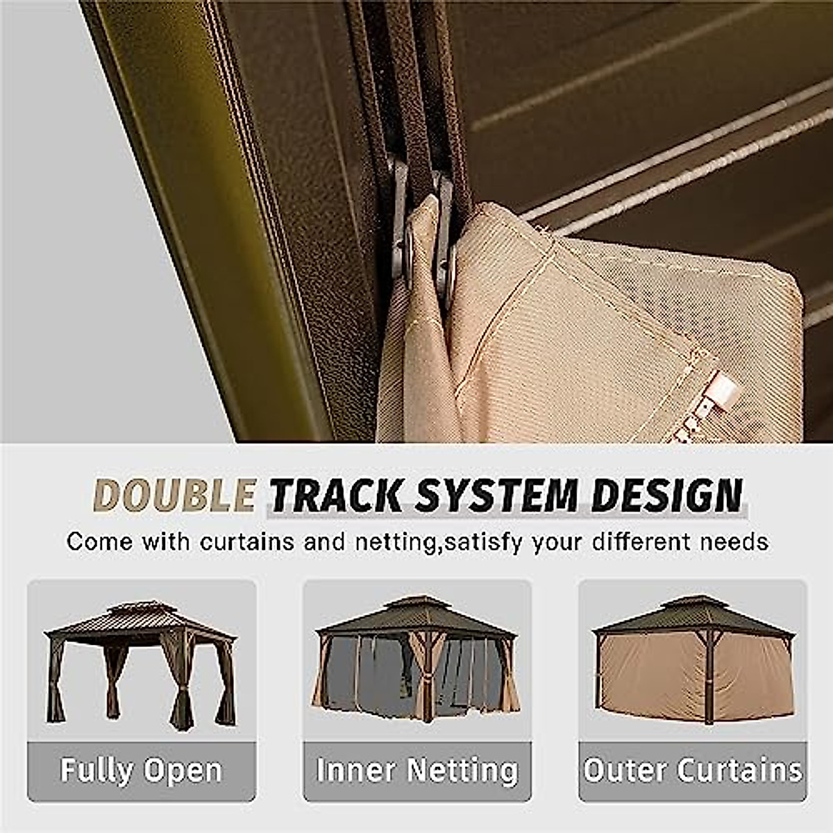 RITSU 12'x14' Gazebo, Outdoor Aluminum Frame Canopy with Hardtop Galvanized Steel Double Roof, Outdoor Permanent Metal Pavilion with Bugs Netting, Privacy Curtains for Patio, Backyard and Lawn, Brown