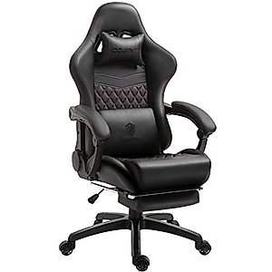 Dowinx Gaming/Office PC Chair with Massage Lumbar Support, Vintage Style PU Leather High Back Adjustable Swivel Task Chair with Footrest (Black and Red)