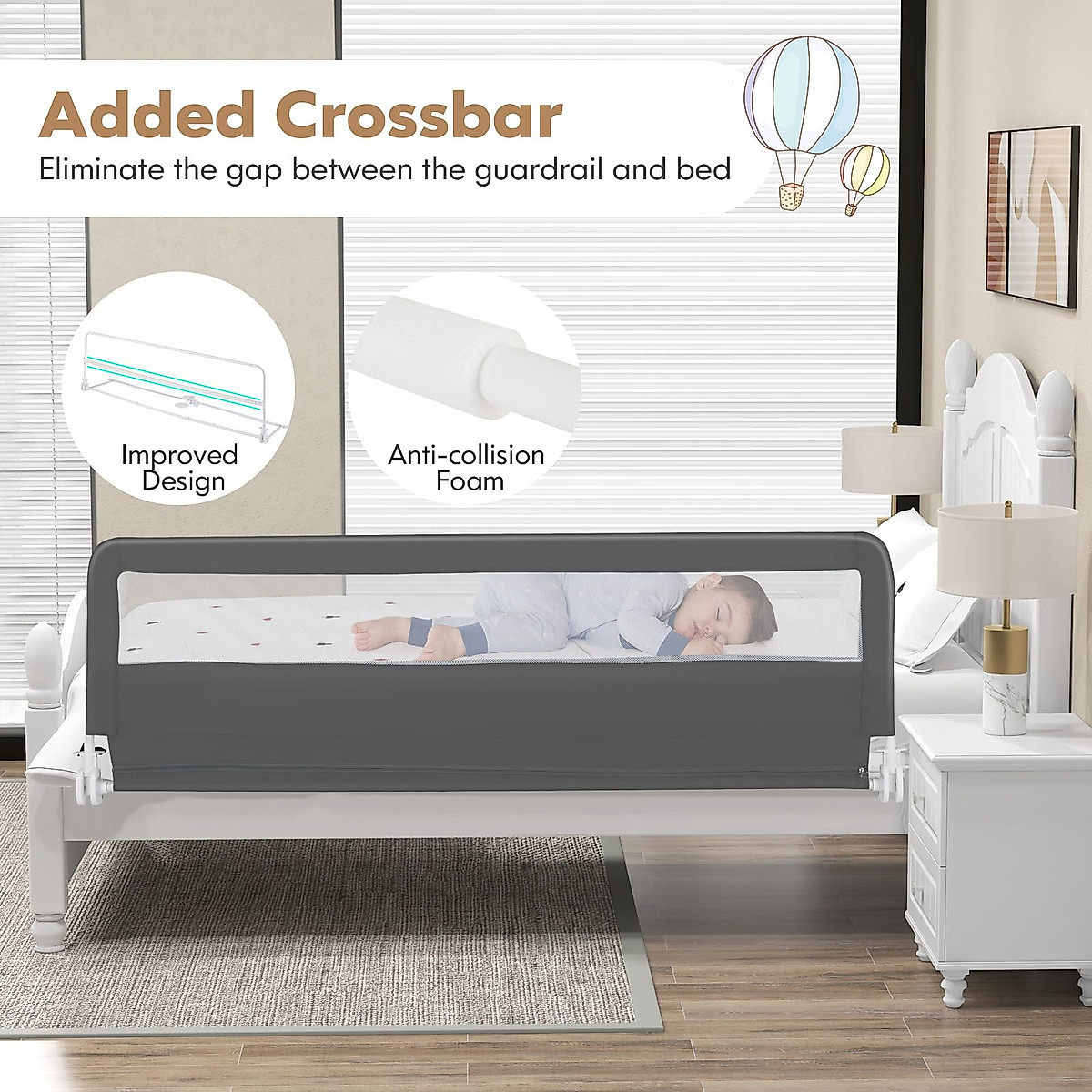 BABY JOY Bed Rails for Toddlers, 71'' Extra Long, Swing Down Bed Guard w/Safety Strap, Folding Baby Bedrail for Kids Twin, Double, Full Size Queen & King Mattress (71-Inch, Gray)