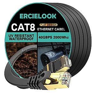 Ercielook CAT8 Ethernet Cable 100 ft High Speed, Shielded Flat Internet Cable with Clips, Weatherproof S/FTP UV Resistant for Router/Gaming/Modem - Black 30 M