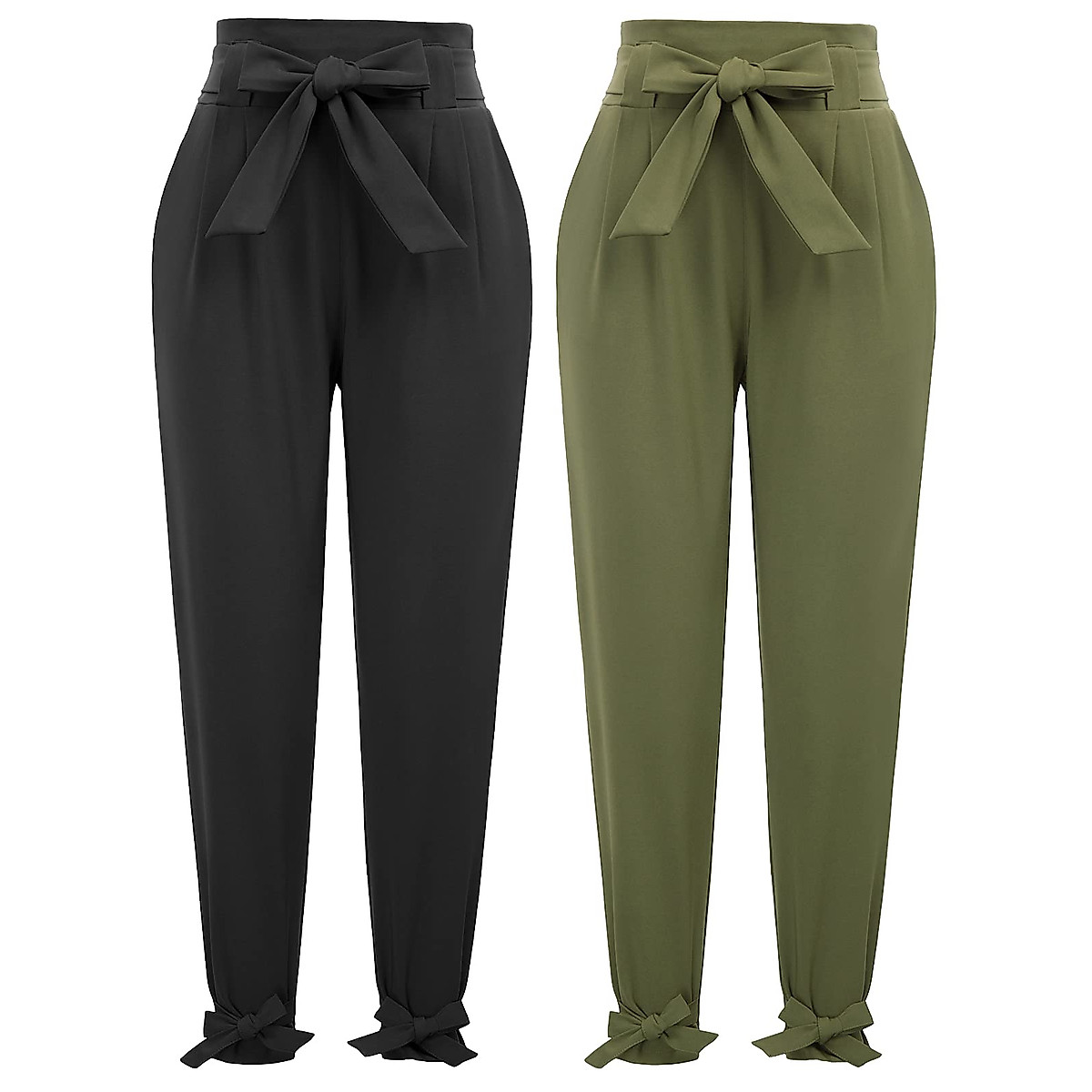 GRACE KARIN Women's Paper Bag High Waist Slim Fit Knot Pants with Belt 2pcs Black & Army Green L