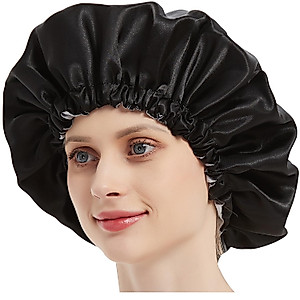 2 Pcs Silk Bonnet for Sleeping Satin Bonnet Double Layer Hair Bonnet for Curly Hair Comforable Hair Wrap Reversible Sleep Cap (Black+Leopard)