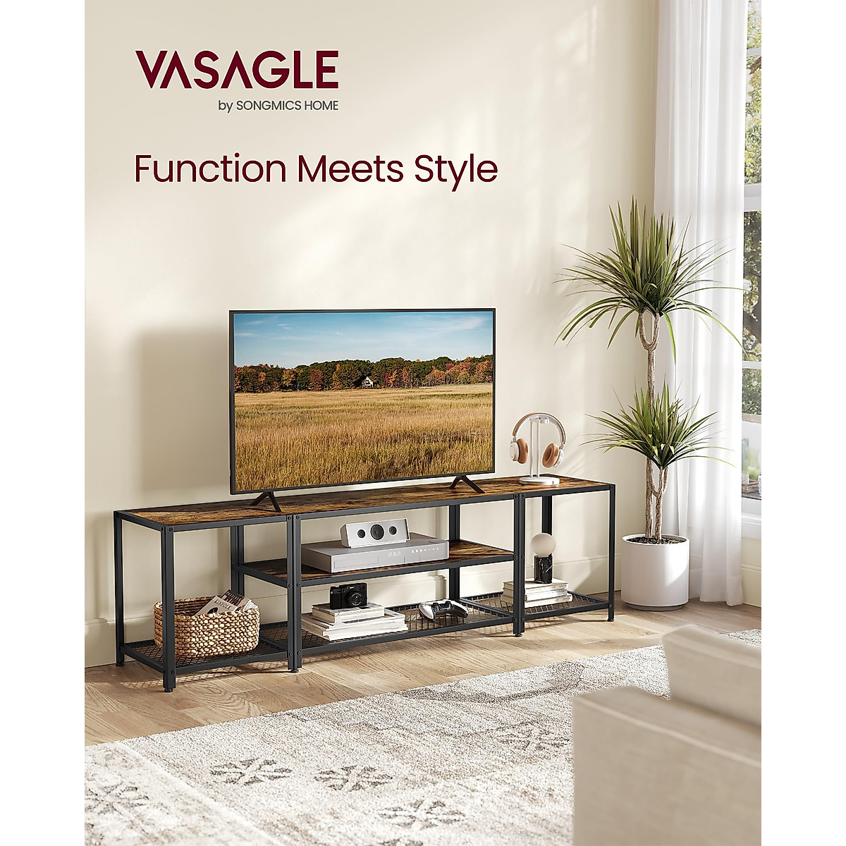 VASAGLE Modern TV Stand for TVs up to 75 Inches, 3-Tier Entertainment Center, Industrial TV Console Table with Open Storage Shelves, for Living Room, Bedroom, Rustic Brown and Black ULTV098B01