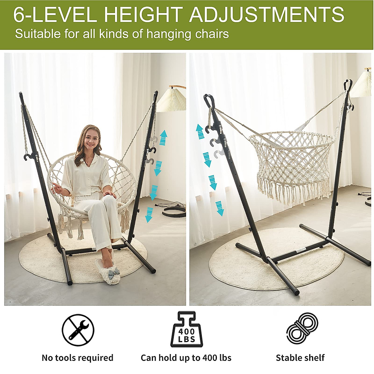 Hammock with Stand Phone Holder Included Double Hanging Chair Macrame Boho Handmade Adjustable Swing Indoor Outdoor Patio Yard Garden Porch 400lbs Capacity (2022 White)
