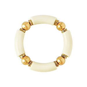 LALAPPLE Gold Plated Beaded Acrylic Bamboo Tube Bangle Bracelets for Women, Colorful Chunky Curved Tube With Gold Pieces Beads Stretch Bracelet Friendship Summer Beach Jewelry (A-Ivory)