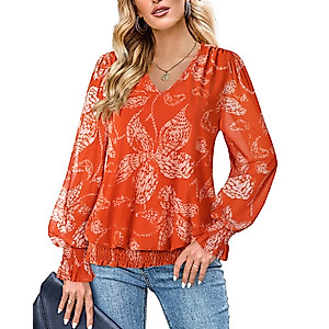 Bodhi talk Blouses for Women 2024 Elegant V Neck Lantern Long Sleeve Shirts Pleated Puff Sleeve Mesh Blouse Business Casual Outfits Cute Fall/Womens Print Dressy Tops Orange Floral Medium