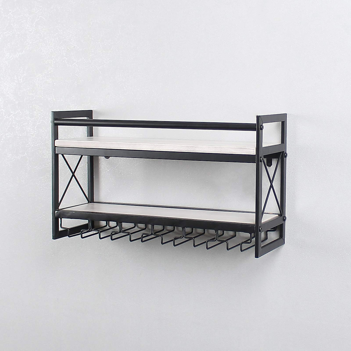 MBQQ Wine Rack Stemware Glass Rack,Industrial 2-Tier Wood Shelf,24in Wall Mounted Wine Racks with 6 Glass Holder for Wine Glasses,Mugs,Home Decor,Black