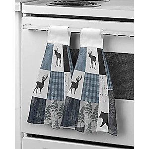 Retro Countryside Bear Moose Woods Hand Towel with Hanging Loop, Grey Blue Buffalo Plaid Hanging Tie Towels Set 2 Pcs, Kitchen Absorbent Towel for Bathroom Tea Bar Laundry