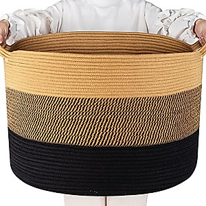 MINTWOOD Design Extra Large 22 x 14 Inches Blanket Basket Living Room, Laundry Basket, Woven Basket, Toy Storage Baskets Bin, Decorative Round Cotton Rope Basket for Pillows, Towels, Black Jute