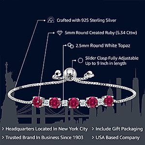 Gem Stone King 5.34 Cttw Red Created Ruby and White Topaz Tennis Bracelet For Women Set In 925 Sterling Silver | Round 5MM and 2.5MM | Fully Adjustable Up to 9 Inch