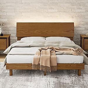 Livavege Queen Bed Frame with LED Lights Headboard, Mid Century Wood Platform Bed w/Storage Shelf and Charging Station, Wooden Slats Support, Queen Size Bedframe No Box Spring Needed, Easy Assembly