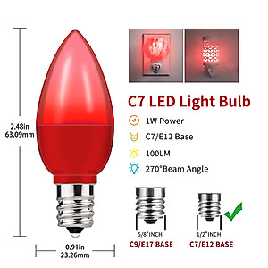 Flaspar C7 Red Night Light Bulb, E12 Candelabra Base Light Bulbs, C7 Colored Bulb 10W Equivalent Suitable for Halloween Night Lights, Decorative Lights and Christmas Strings, 6 Pack
