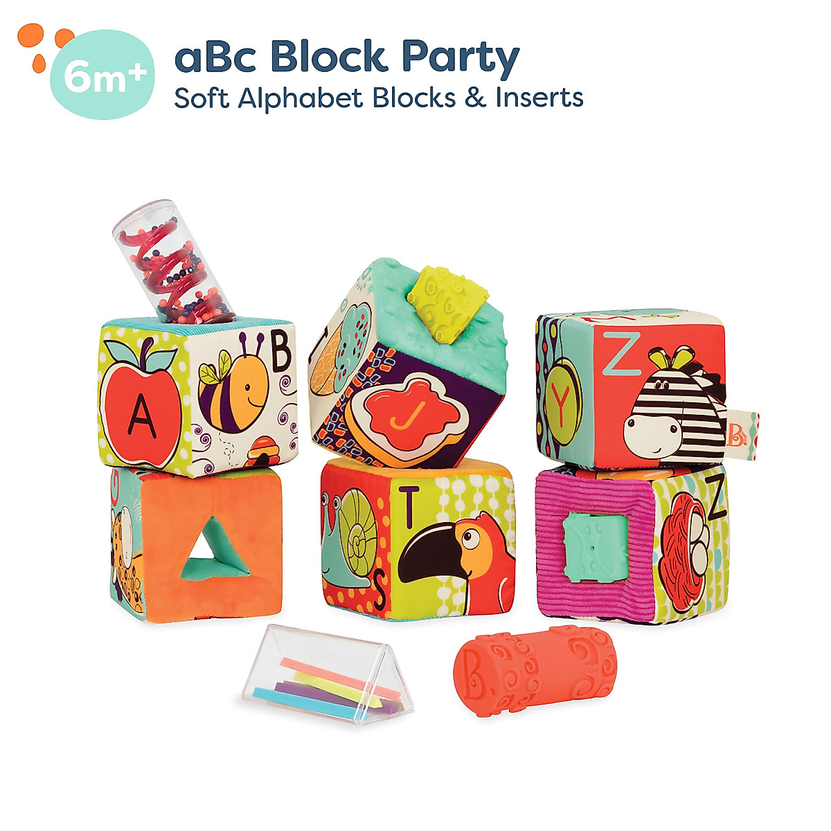 B. Toys Soft Fabric Building Blocks for Toddlers - Educational Alphabet Blocks with Textured Shapes - Stack & Play ABC Blocks for 6 Months+