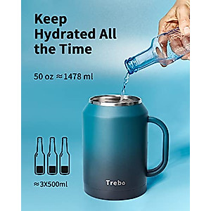Trebo 50 oz Mug Tumbler with Handle, Stainless Steel Coffee Cup with 2 Lids and 2 Straws,Double Wall Vacuum Insulated Large Bottle,Reusable Flask Keeps Cold for 36 Hrs/Hot for 24 Hrs,Blue Indigo/Black