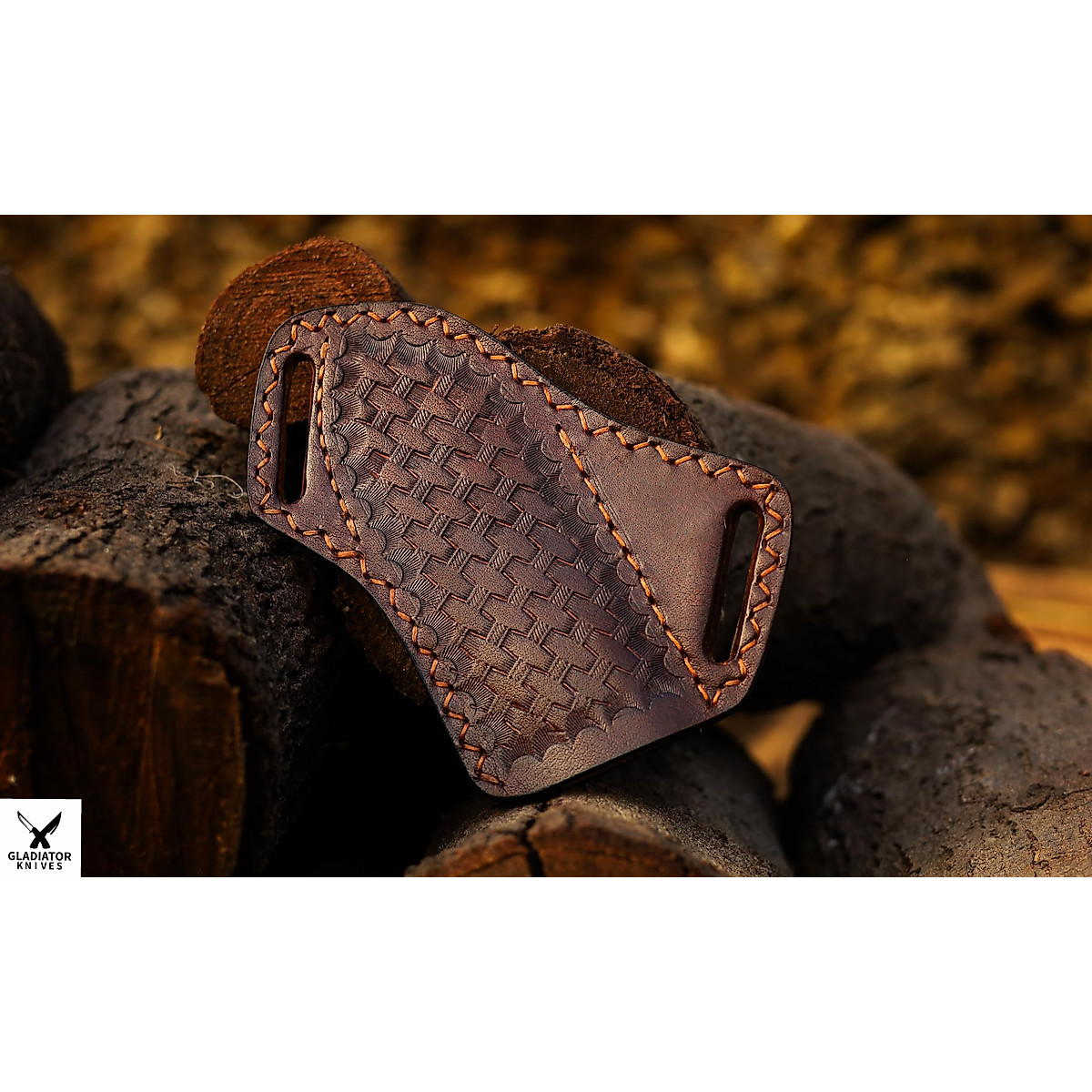 Leather Knife Sheath for Belt, Slanted Pancake Style, Tooled Leather, Cowboy Bull Cutter Cover, Cross Draw, Handmade Stitched with 100% Real Leather (Dark Brown)