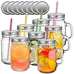 Tosnail 8 Pack 16 oz Glass Mason Jar Mugs with Handle, 16 Tin Lids and 8 Plastic Straws, Old Fashioned Mason Jar Drinking Glasses, Clear Glass Cups for Party and Daily Use