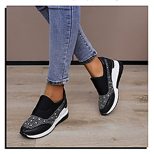 Women's Casual Shoes Fashion Rhinestones Platform Wedge Slip-on Sneakers Classic Comfort Low Top Walking Booties Black