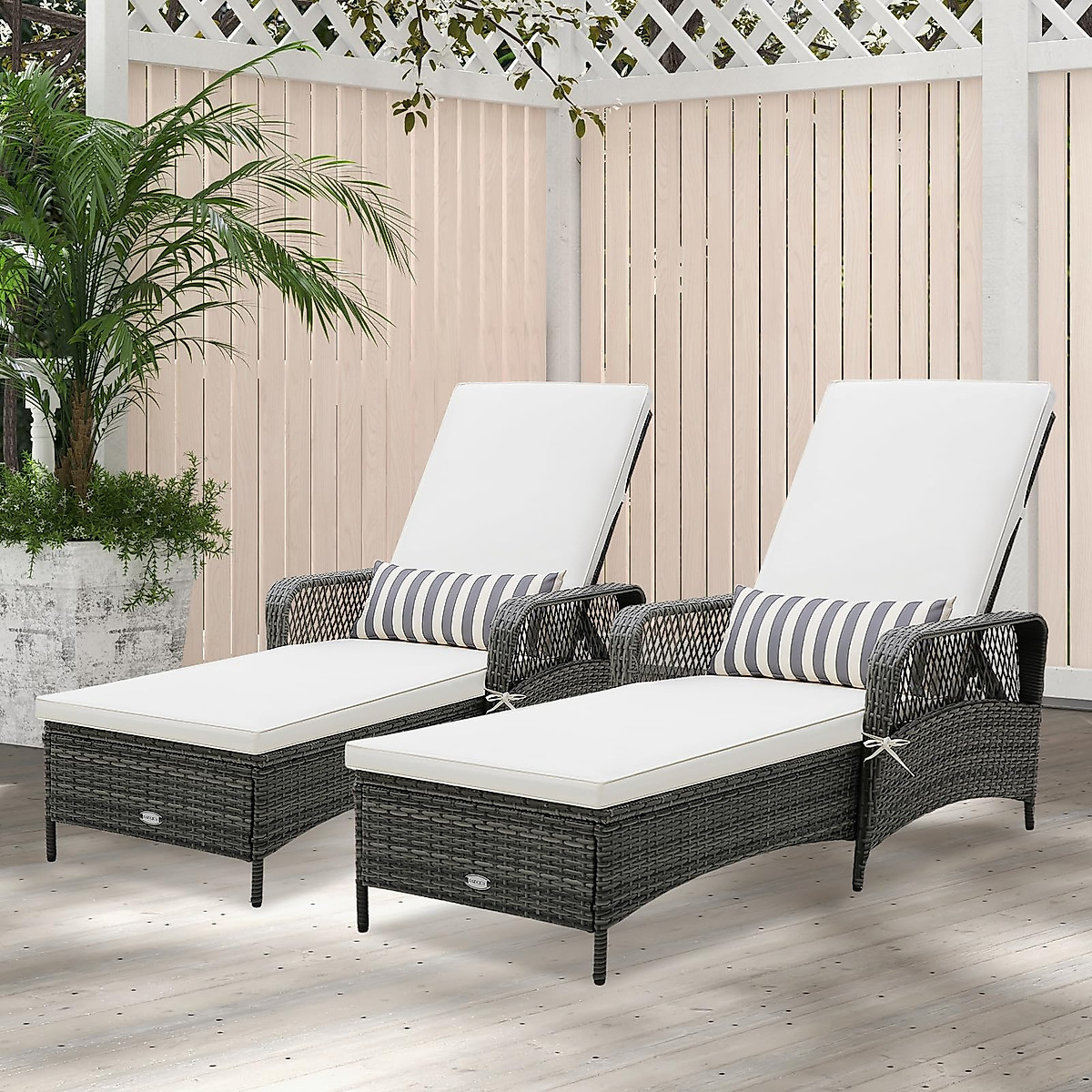 HAPPYGRILL 2PCS Patio Rattan Chaise Lounge, Outdoor PE Wicker Sun Lounger with Adjustable Backrest, Removable Cushion & Pillow, Reclining Chaise Lounge Sunbed for Balcony Poolside Yard