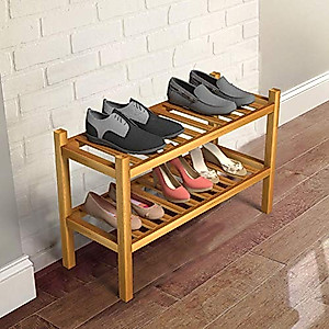 INTERBUILD Acacia Solid Wood Shoe Storage Organizer 2-Tier Stackable Shoe Rack, Golden Teak