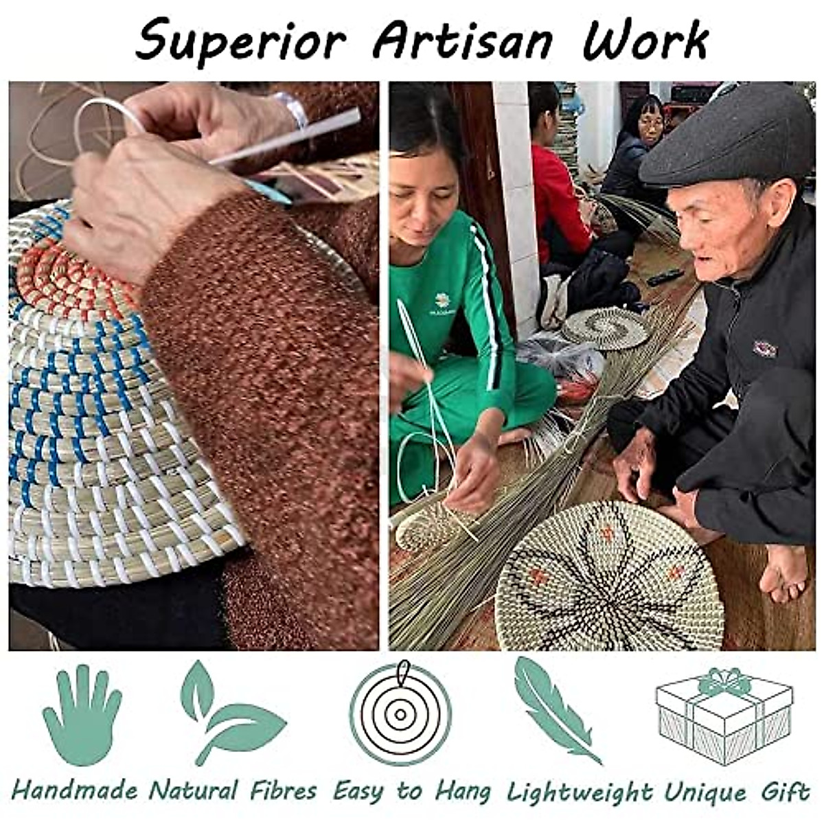 FORVE Hanging Woven Wall Basket Decor Set of 4, Handwoven Round Seagrass Baskets Wall Decor, Handmade Decorative Tray and Baskets with a Hook On The Back, Perfect for Living Room Unique Wall Art