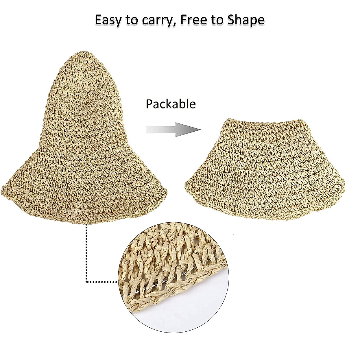 Women Straw Hat Wide Brim Beach Sun Cap Foldable Large Lady Floppy 100% Natural Paper Braided for Travel Decoration Summer Vacation Soft Lightweight and Breathable (Beige)