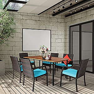 Tangkula 7 Pieces Patio Dining Set, Acacia Wood Wicker Dining Furniture Set with Steel Frame & Umbrella Hole, Outdoor Dining Table Chair Set with Removable Cushions for Backyard, Garden (Turquoise)