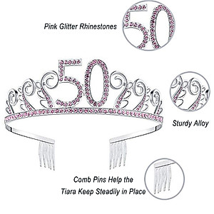 50th Birthday Cake Topper, 50th Sash Satin 50 & Fabulous Sash and Pink Rhinestone 50th Tiara for 50th Birthday Decorations and Party Supplies