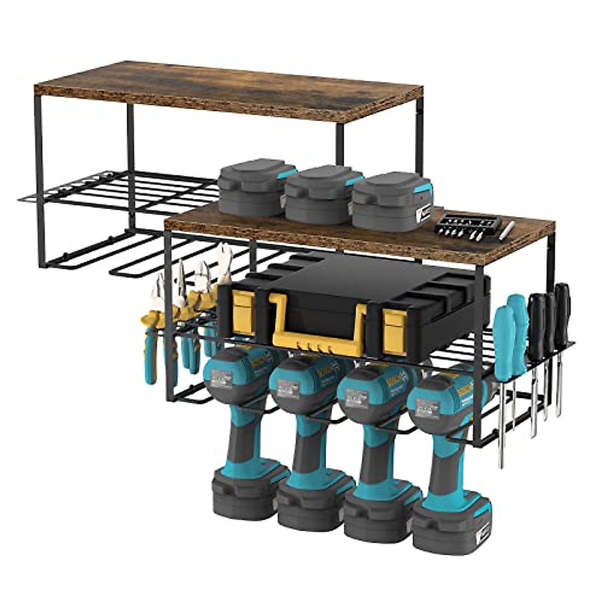 LIANTRAL Power Tool Organizer Wall Mount, Set of 2 Power Tool Rack Floating Tool Shelf for Electric Cordless Drill Heavy Duty Tool Holder with Wood Storage Board