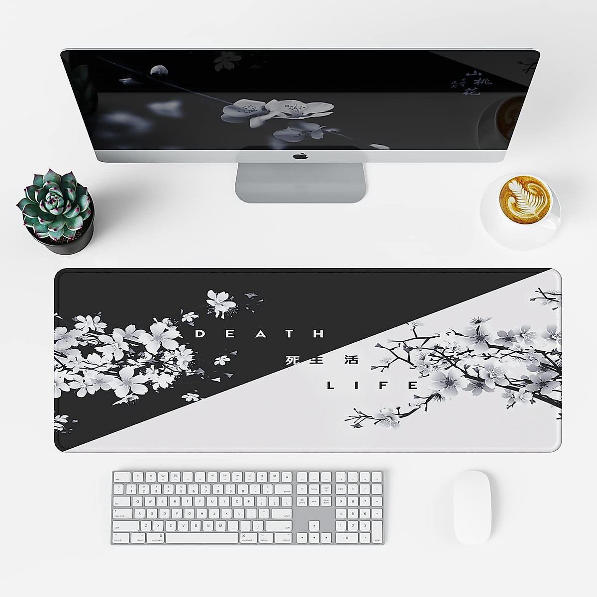 ETZ Black and White Japanese Cherry Tree Blosson Mouse Pad (31.5 × 11.8 × 0.12 inch) Extended Large Mouse Mat Desk Pad, Stitched Edges Mousepad,Non-Slip Rubber Base,Gaming Mouse Pad XL.