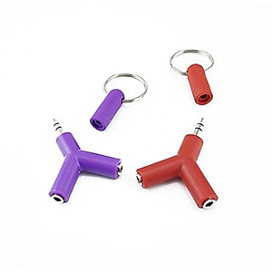 yueton Pack of 2 Y Shaped 3.5mm Jack Stereo Audio Headset Splitter Connector Adapter Keyring Key Ring - Headphone Splitter (Red+Purple)