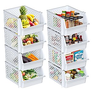 Skywin Stackable Storage Bins for Pantry - 8 Pack Stackable Bins For Organizing Food, Kitchen, and Bathroom Essentials (White)