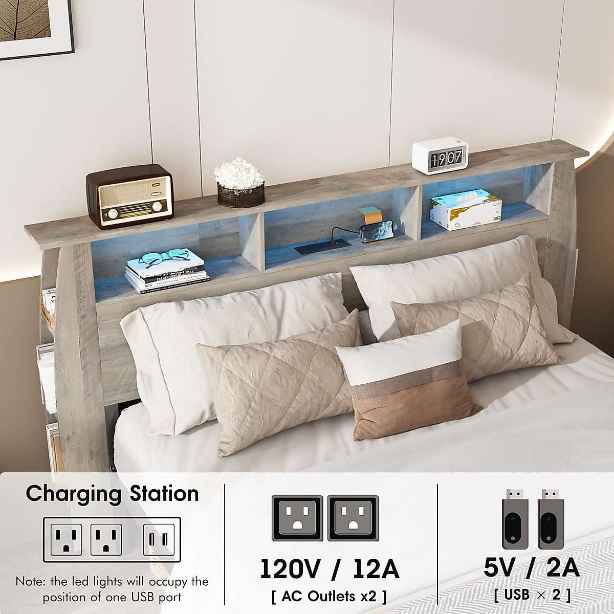 Fameill Full Size Wood Bed Frame with Bookcase Headboard, 2-Tier Storage Headboard with Charging Station & LED Light, Side Storage Layer, No Box Spring Needed, Noise Free, Gray