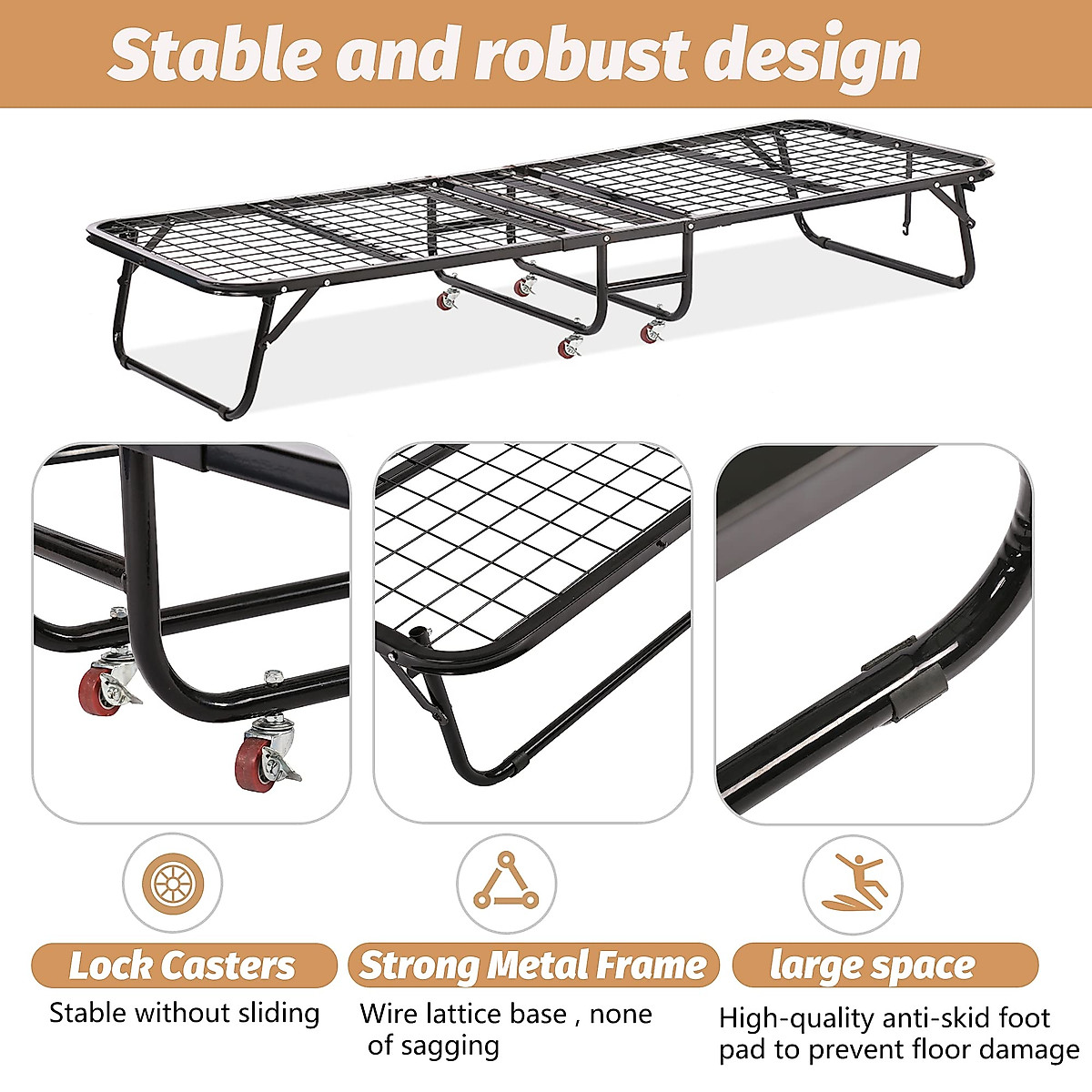 Folding Guest Bed with Wheels Guest Beds Portable Beds Extra Roll Away Foldaway 3.9 Inch Comfort Foam Mattress Strong Sturdy Frame Heavy Duty L75*W30*H12 Inches，White