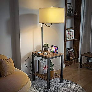 LityMax LED Floor Lamp with Table - Rustic End Table with USB Charging Port, Power Outlet, Bedside Nightstand Shelves, Side Table with Reading Standing Light for Living Room, Bedroom, Bulb Included