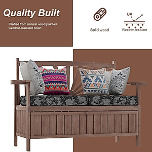 Timechee Outdoor Storage Bench Large Deck Box, 47.2" Patio Wooden Loveseat Benches, Garden Seating Furniture with Cup Holder & Storage Space for Tools for Deck, Porch & Balcony, Brown