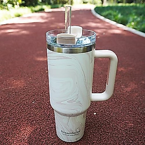 Dreamfocus 40 oz Swirl Rose Quartz Tumbler with Handle Straw and Lid Insulated Stainless Steel Water Bottle Cup Travel Coffee Mug