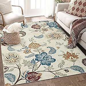 ROYHOME 5x7 Machine Washable Area Rugs Non-Slip Farmhouse Flower Area Rug Vintage Floral Throw Carpet Non Shedding Foldable Area Rug for Kitchen Living Room Bedroom Dining Room, 5'x7', Multi-Color