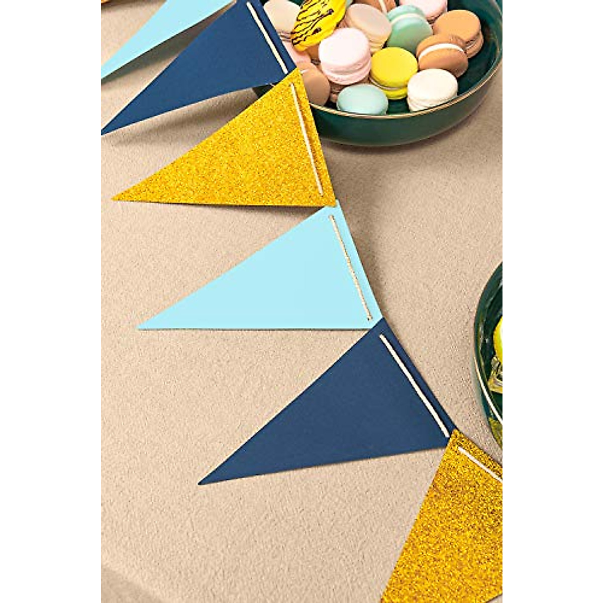 10 Feet Paper Pennant Party Decorations, Triangle Flags Bunting, Paper Triangle Garland for Wedding Decor, Nursery Wall Decor, Baby Shower, Bridal Shower (Gold Glitter, Aqua Blue, Navy Blue) 18PCS