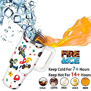 FOCIUZTA 40oz Playful Mario Kart Pattern Tumbler with Lid, Travel Coffee Cup, Ideal for Easter, Gaming Enthusiast, Mother Day, and Birthday Gifts