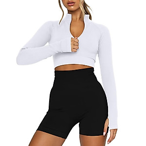 LEEDYA Womens Half Zip Long Sleeve Pullover Shirts Slim Fit Workout Yoga Athletic Top with Thumbholes White L