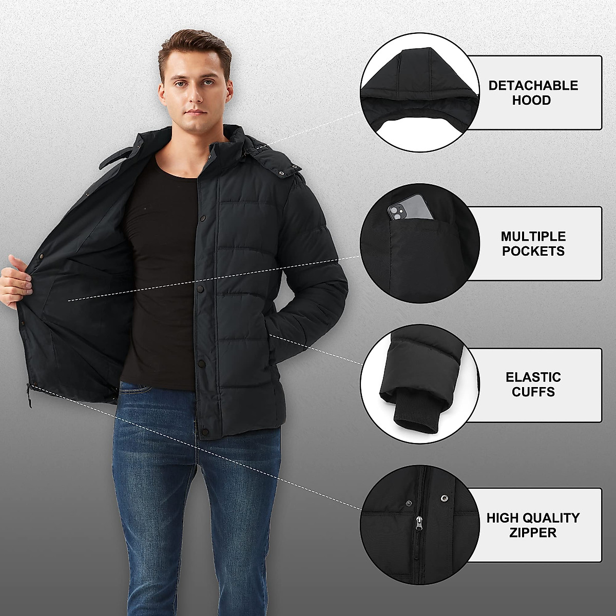 GGleaf Men's Hooded Winter Coat Warm Puffer Jacket Thicken Quilted Jacket Large Black