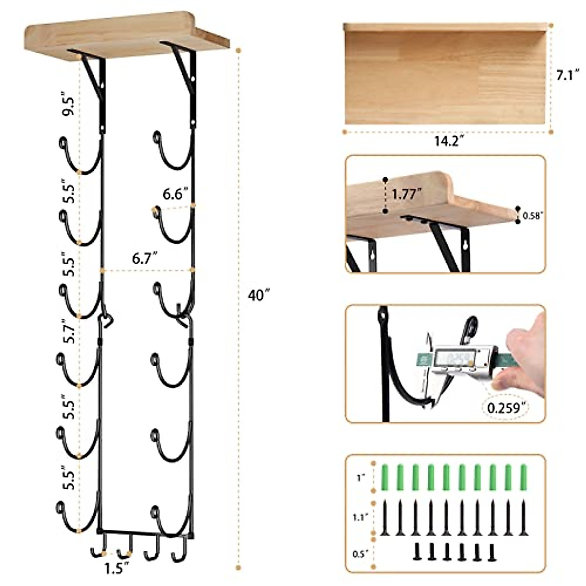 HULISEN Towel Racks for Bathroom, Wall Mounted Towel Rack with Wooden Shelf & 4 Hooks, Extended Wall Mount Towel Holder, Metal Bath Towel Holder for Bath Storage Organizer and Decor, Matte Black