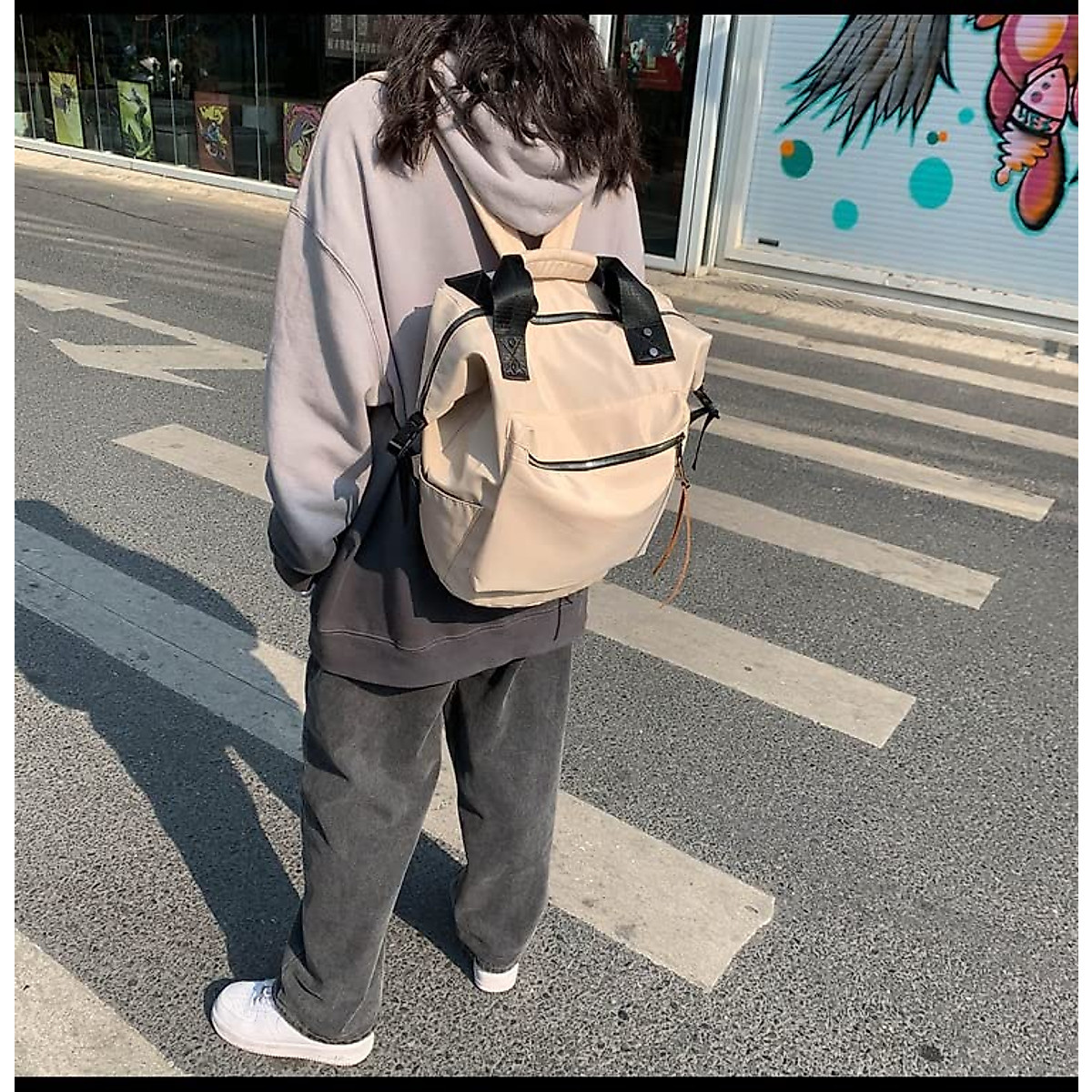 HACODAN Harajuku Grunge Aesthetic Backpack Tote Bag, Women Men Girls Schoolbag Large Back to School (beige)