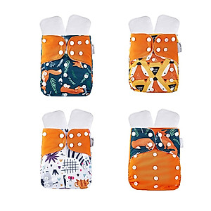 KaWaii Baby Reusable Cloth Diaper Bundle- 4 Printed Snap+8 Premium 5-Layer Diaper Inserts One Size Adjustable Newborn to Potty Trained Toddler, Lazy Fox